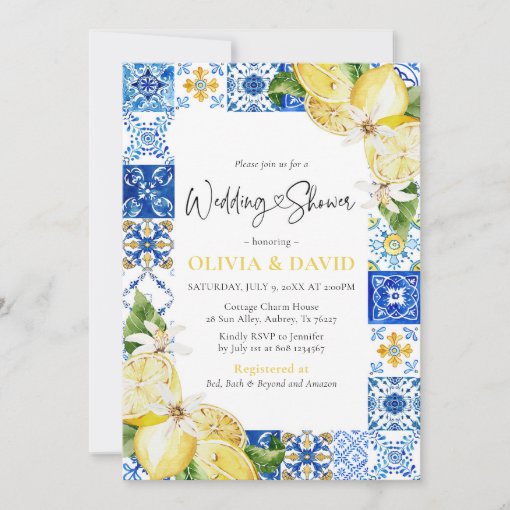 Blue Tile Lemon Italian Wedding Shower Invitation | Zazzle