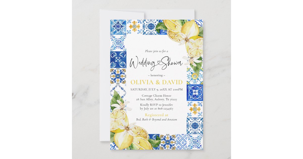 Blue Tile Lemon Italian Wedding Shower Invitation | Zazzle