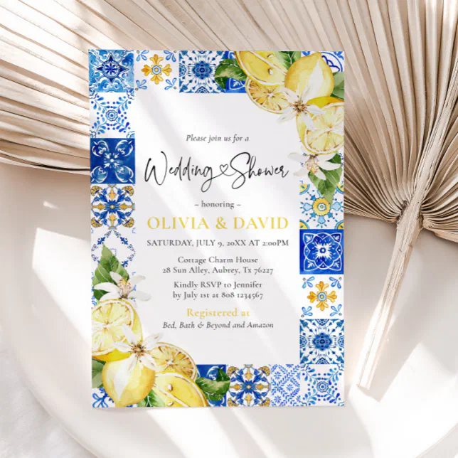 Blue Tile Lemon Italian Wedding Shower Invitation | Zazzle