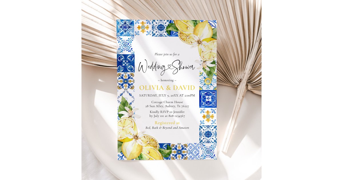 Blue Tile Lemon Italian Wedding Shower Invitation | Zazzle