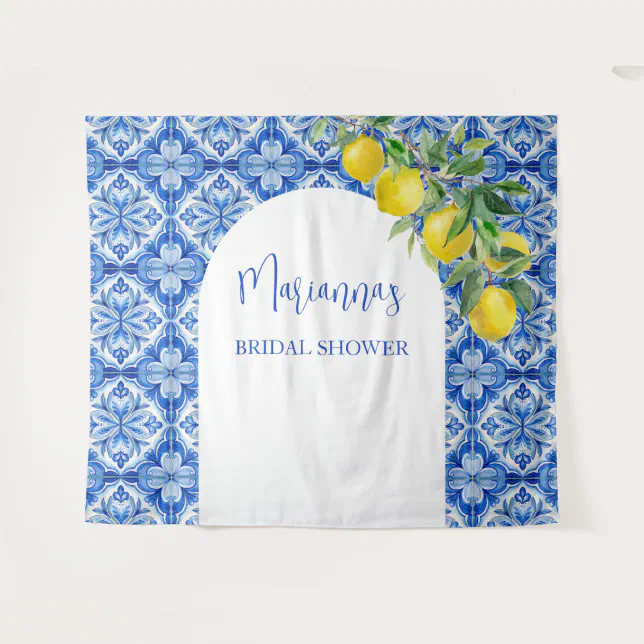 Blue tile lemon thats amore bridal shower backdrop | Zazzle