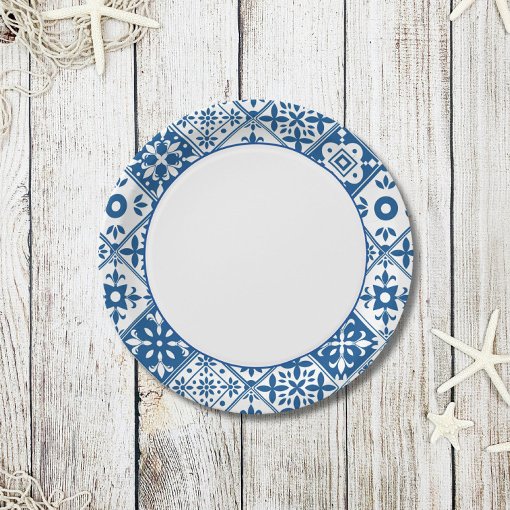 Blue Tile Santorini Greek/ Spanish themed Paper Plates | Zazzle