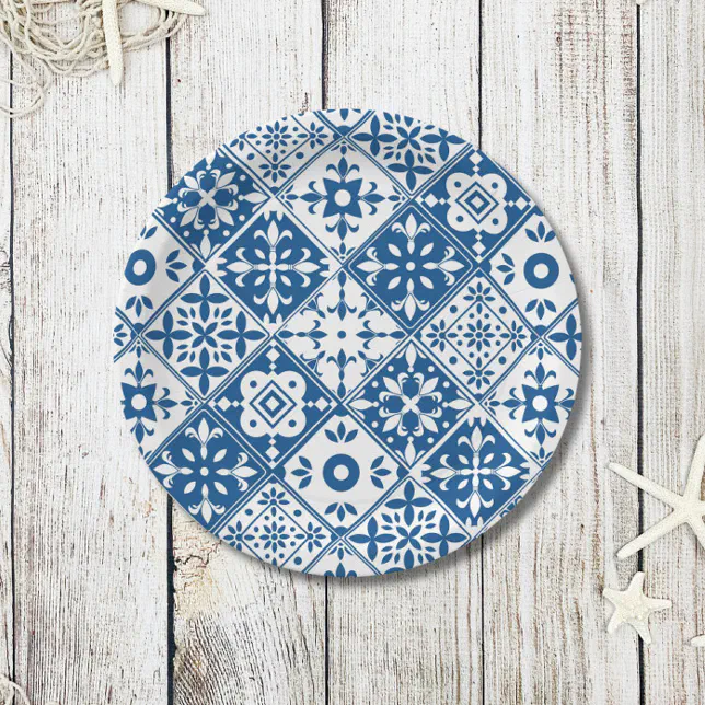 Blue Tile Santorini Greek/ Spanish themed Paper Plates | Zazzle