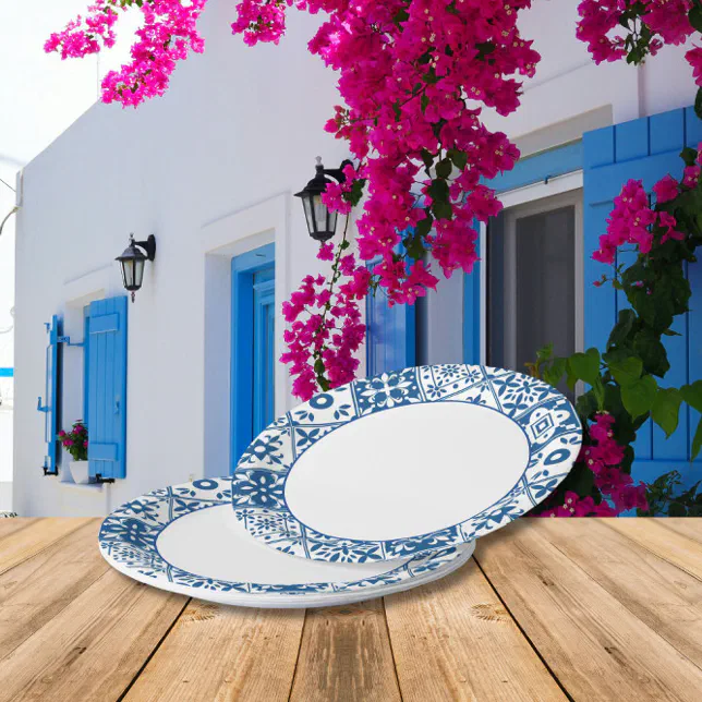 Blue Tile Santorini Greek/ Spanish themed Paper Plates | Zazzle
