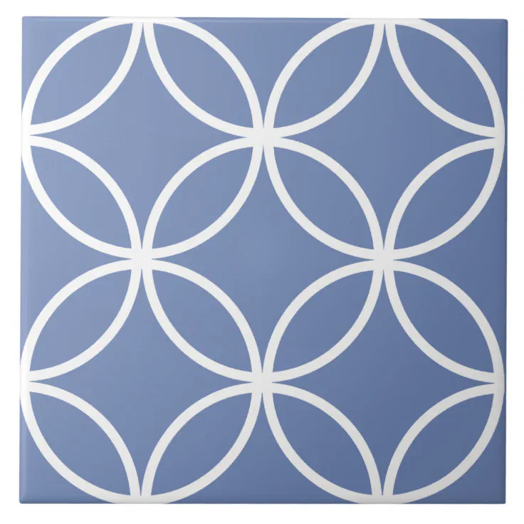 Blue tile, white repeating circle leaf pattern ceramic tile | Zazzle
