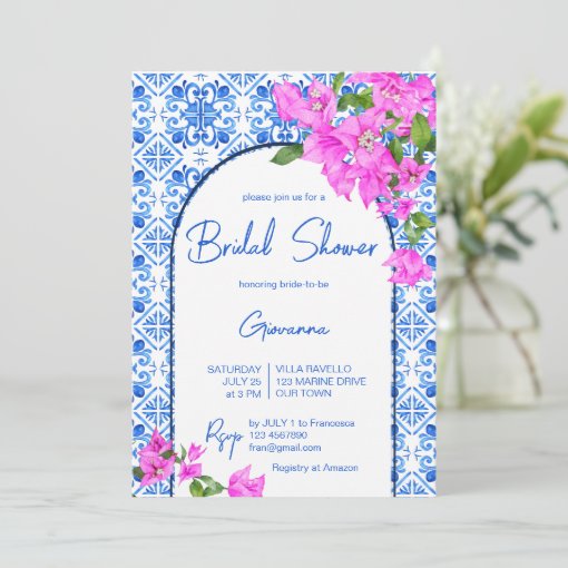 Blue Tiles and Bougainvillea elegant Mediterranean Invitation | Zazzle