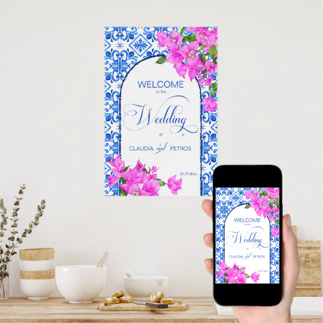 Blue Tiles and Bougainvillea elegant welcome sign | Zazzle