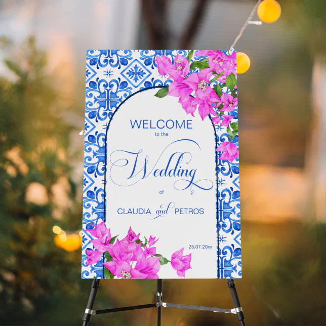 Blue Tiles and Bougainvillea elegant welcome sign | Zazzle