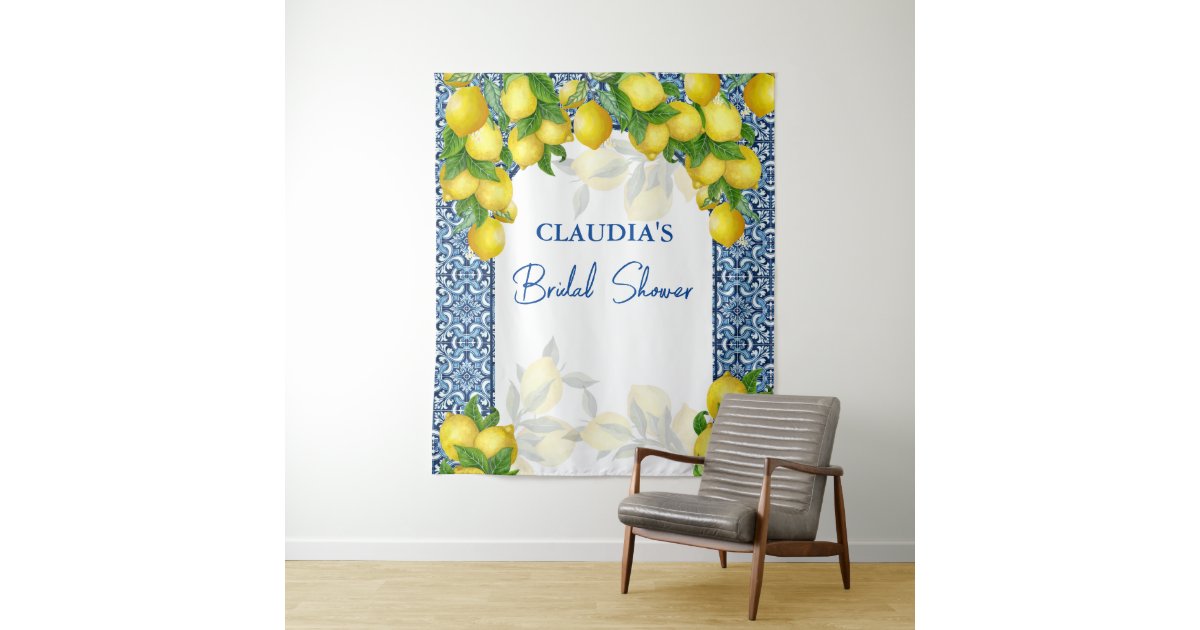 Blue tiles and lemon Amalfi party backdrop | Zazzle