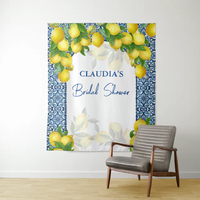 Blue tiles and lemon Amalfi party backdrop | Zazzle