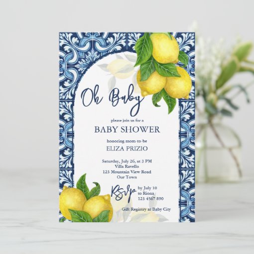 Blue tiles and lemon Amalfi Positano baby shower Invitation | Zazzle