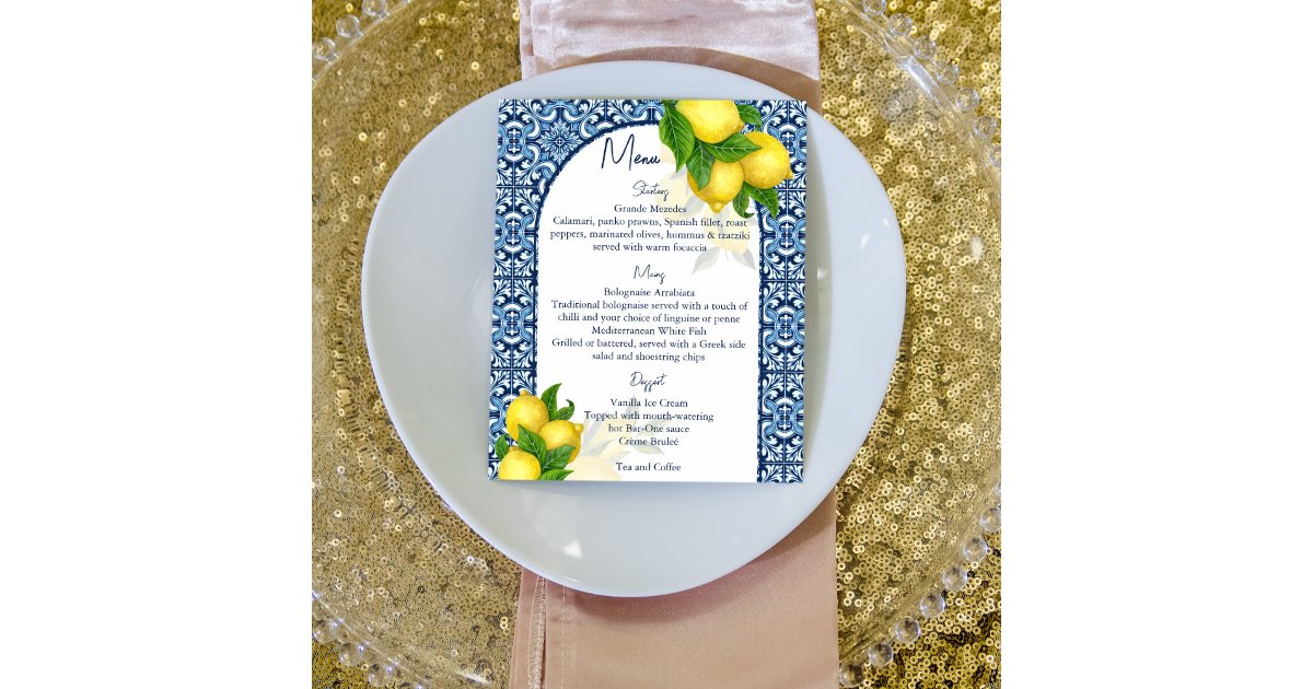 Blue tiles and lemon Amalfi Positano themed menu | Zazzle