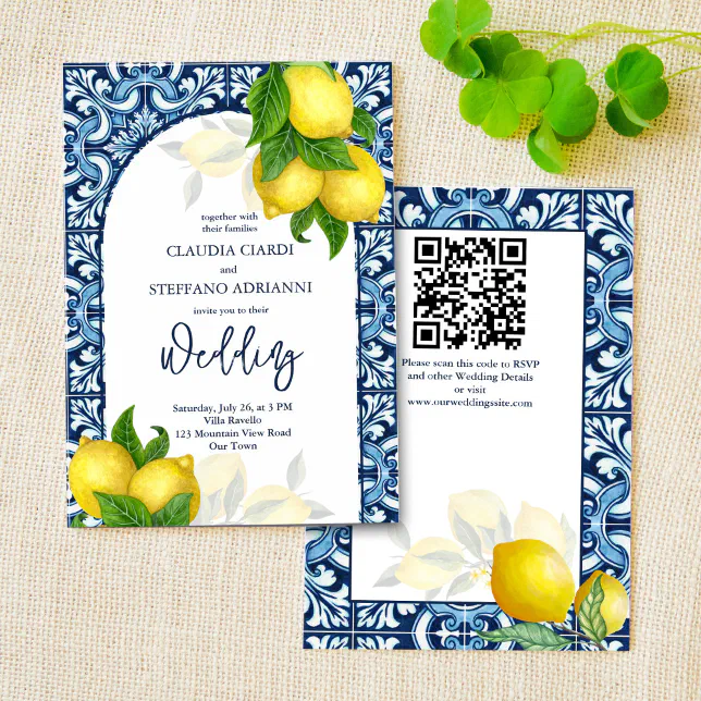 Blue tiles and lemon Amalfi Positano wedding Invitation | Zazzle