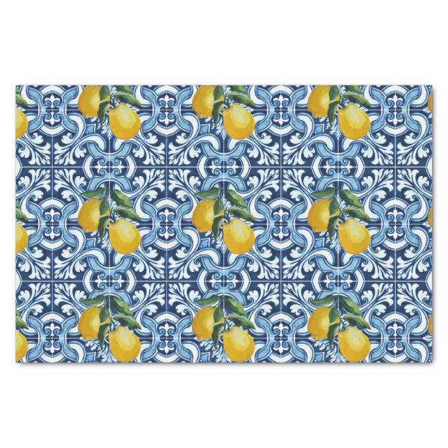 Blue tiles and lemons Amalfi Positano themed Tissue Paper | Zazzle