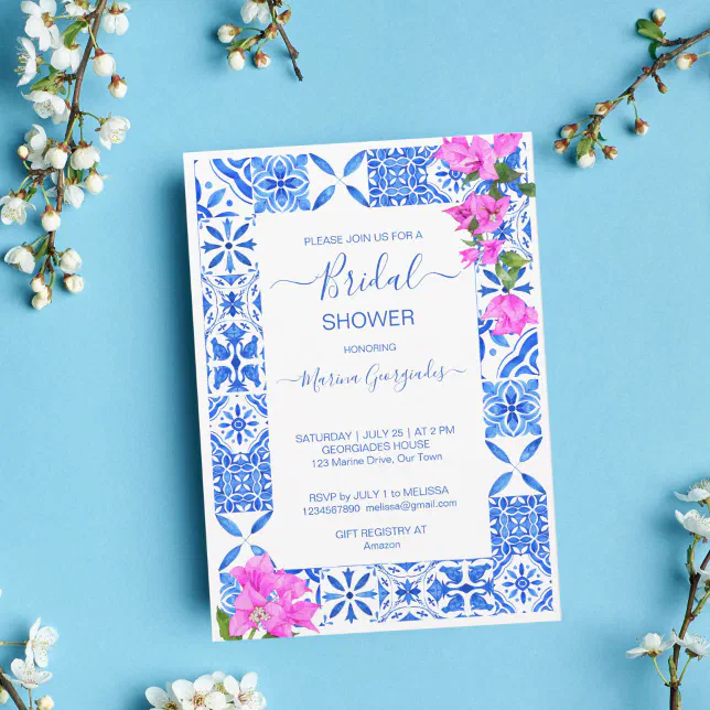 Blue Tiles Bougainvillea elegant bridal shower Invitation | Zazzle