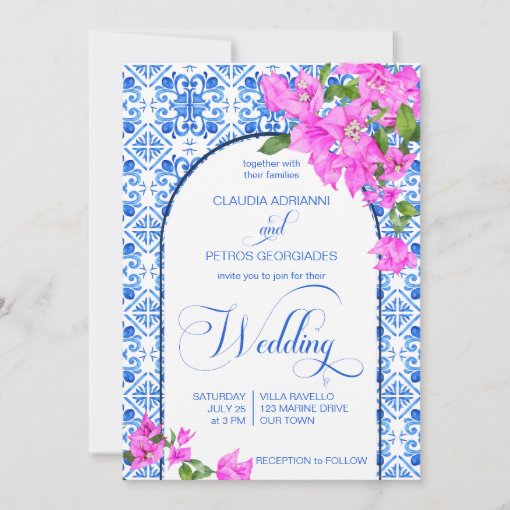 Blue Tiles Bougainvillea elegant wedding Invitation | Zazzle
