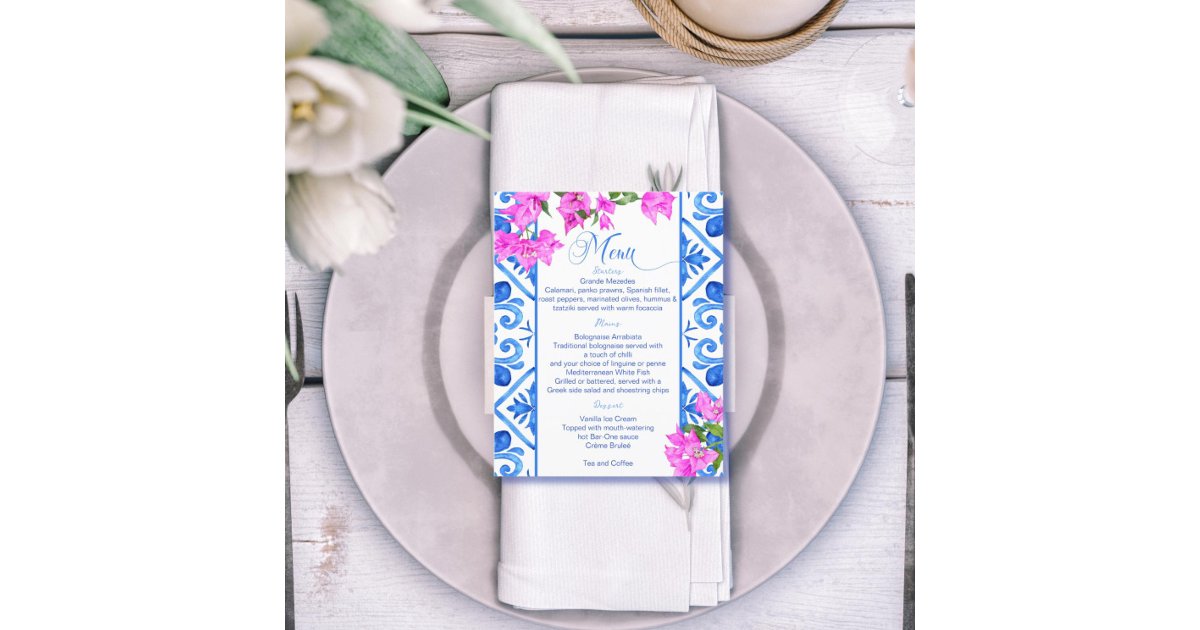 Blue tiles Bougainvillea Italian menu template | Zazzle