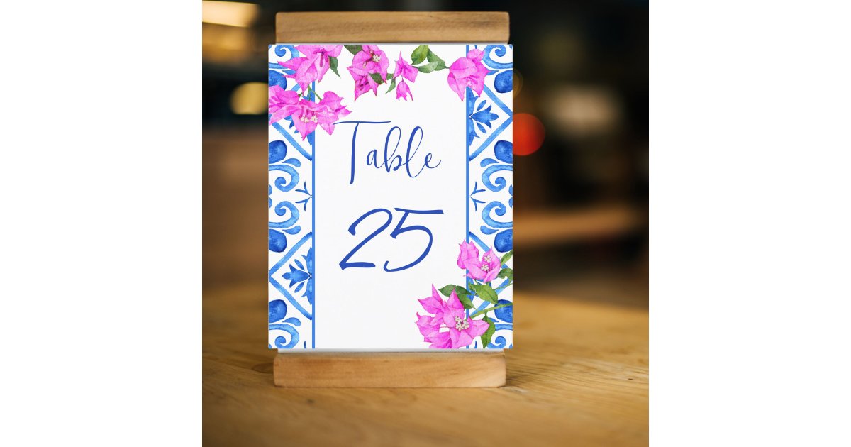 Blue tiles Bougainvillea Italian table numbers | Zazzle