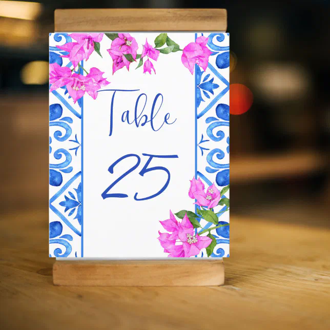 Blue tiles Bougainvillea Italian table numbers | Zazzle