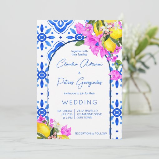 Blue Tiles Bougainvillea lemons elegant wedding Invitation | Zazzle