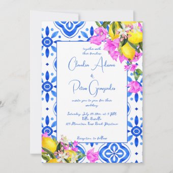 Blue Tiles Bougainvillea lemons elegant wedding Invitation | Zazzle