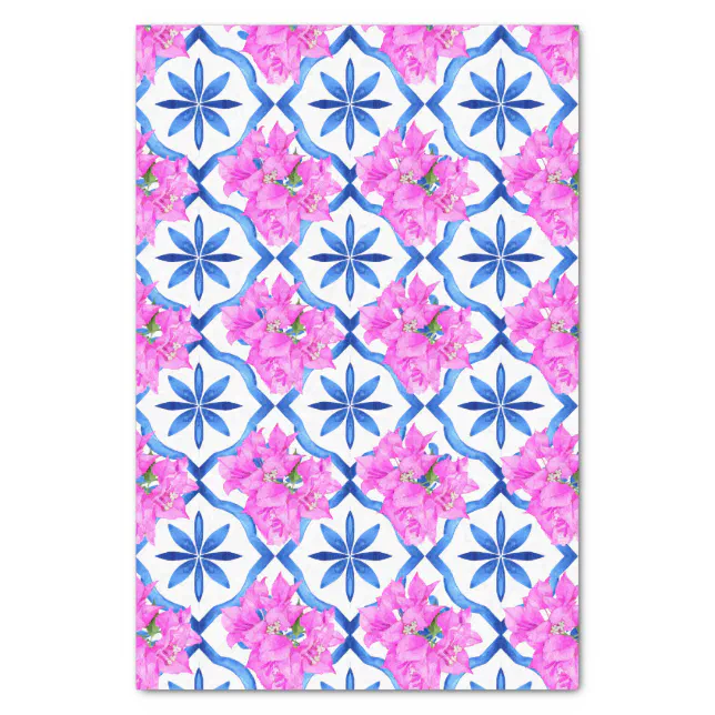 Blue Tiles Bougainvillea Mediterranean themed Tissue Paper | Zazzle