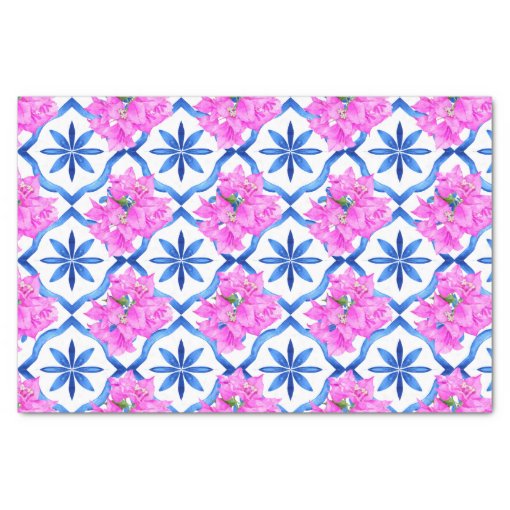 Blue Tiles Bougainvillea Mediterranean themed Tissue Paper | Zazzle