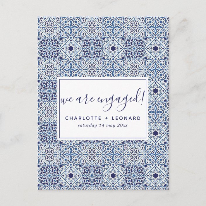 Blue tiles engagement postcard | Zazzle.com