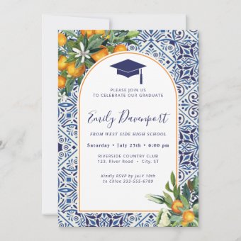 Blue tiles Graduation Invitation Photo on back | Zazzle