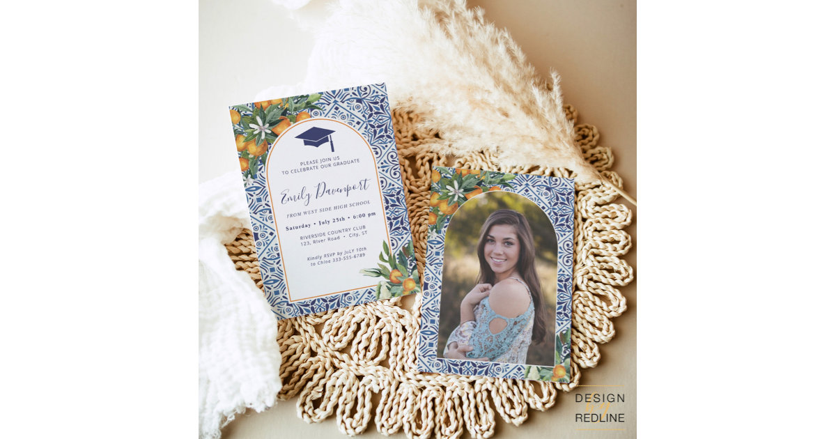 Blue tiles Graduation Invitation Photo on back | Zazzle