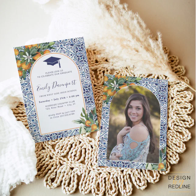 Blue tiles Graduation Invitation Photo on back | Zazzle