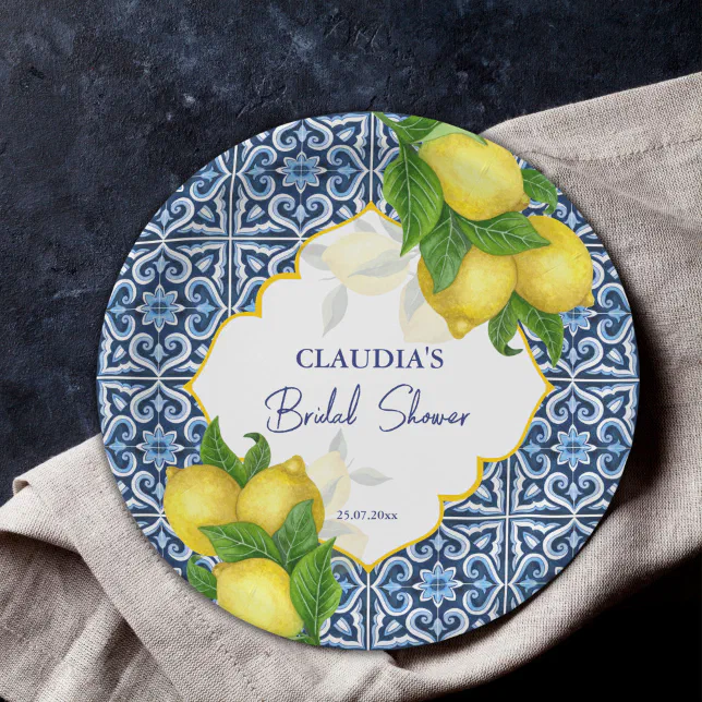 Blue tiles lemon Amalfi bridal shower party Paper Plates | Zazzle