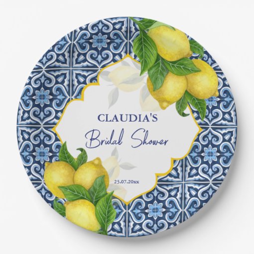 Blue tiles lemon Amalfi bridal shower party Paper Plates | Zazzle