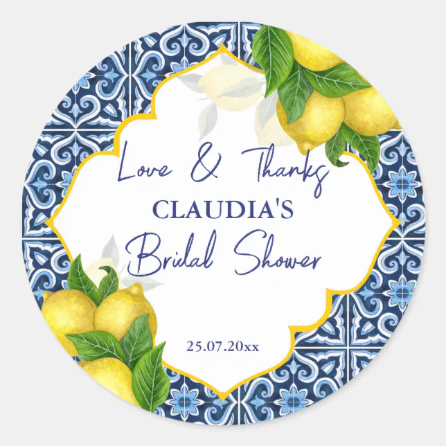 Blue tiles lemon Amalfi party thank you Classic Round Sticker | Zazzle