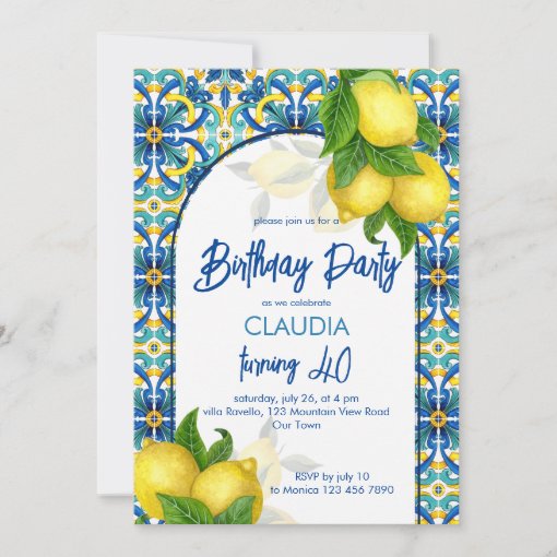 Blue tiles lemon Amalfi Positano birthday party Invitation | Zazzle