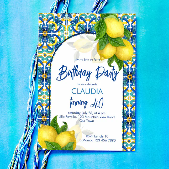 Blue tiles lemon Amalfi Positano birthday party Invitation | Zazzle