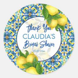 Blue tiles lemon Amalfi Positano bridal shower Classic Round Sticker ...