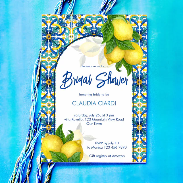 Blue tiles lemon Amalfi Positano bridal shower Invitation | Zazzle