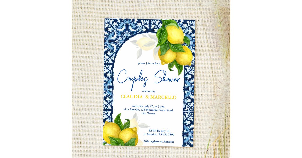 Blue tiles lemon Amalfi Positano couples shower Invitation | Zazzle