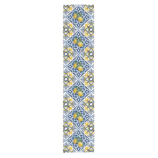 Blue tiles lemon Amalfi Positano Mediterranean Short Table Runner | Zazzle