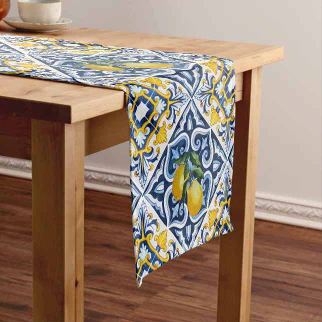 Blue tiles lemon Amalfi Positano Mediterranean Short Table Runner | Zazzle