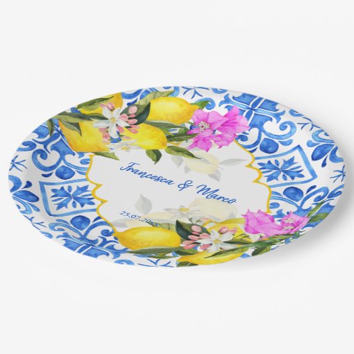 Blue tiles lemon Bougainvillea custom wedding Paper Plates | Zazzle