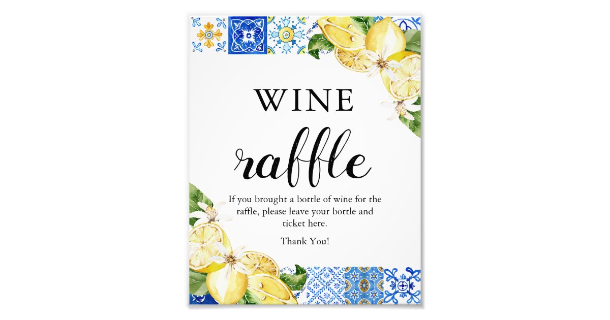 Blue Tiles Lemon Wine Raffle Bridal Shower Sign | Zazzle