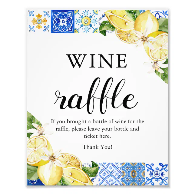 Blue Tiles Lemon Wine Raffle Bridal Shower Sign | Zazzle