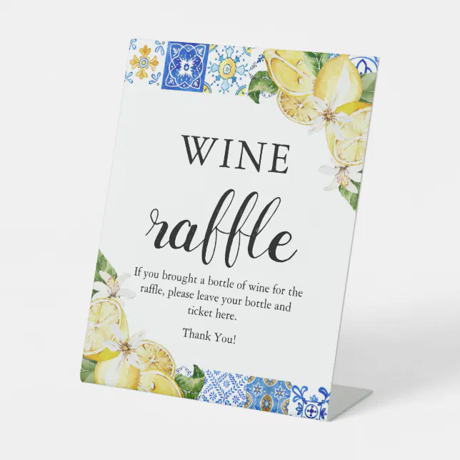 Blue Tiles Lemon Wine Raffle Bridal Shower Sign | Zazzle