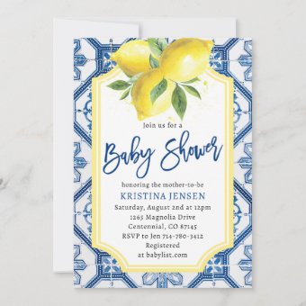 Blue Tiles Lemons Capri Baby Shower Invitation | Zazzle