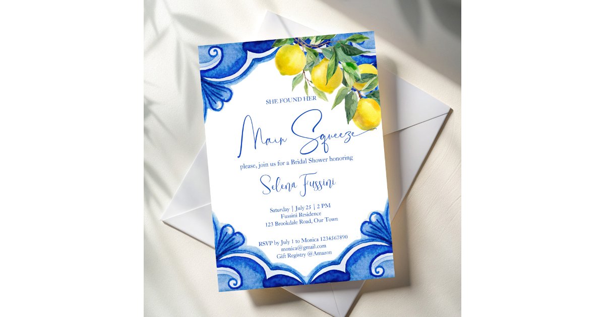 Blue tiles lemons main squeeze bridal shower invitation | Zazzle