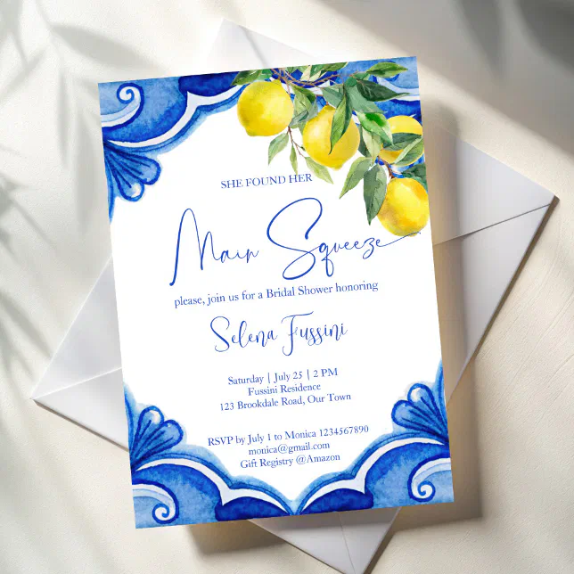 Blue tiles lemons main squeeze bridal shower invitation | Zazzle