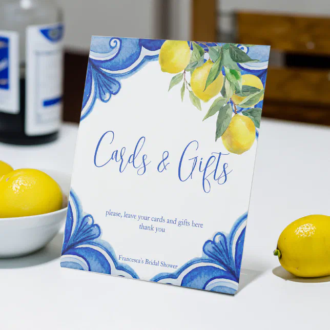 Blue tiles lemons that's amore bridal shower gifts pedestal sign | Zazzle