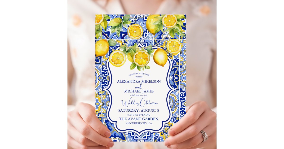 Blue tiles Lemons Wedding Invitation | Zazzle